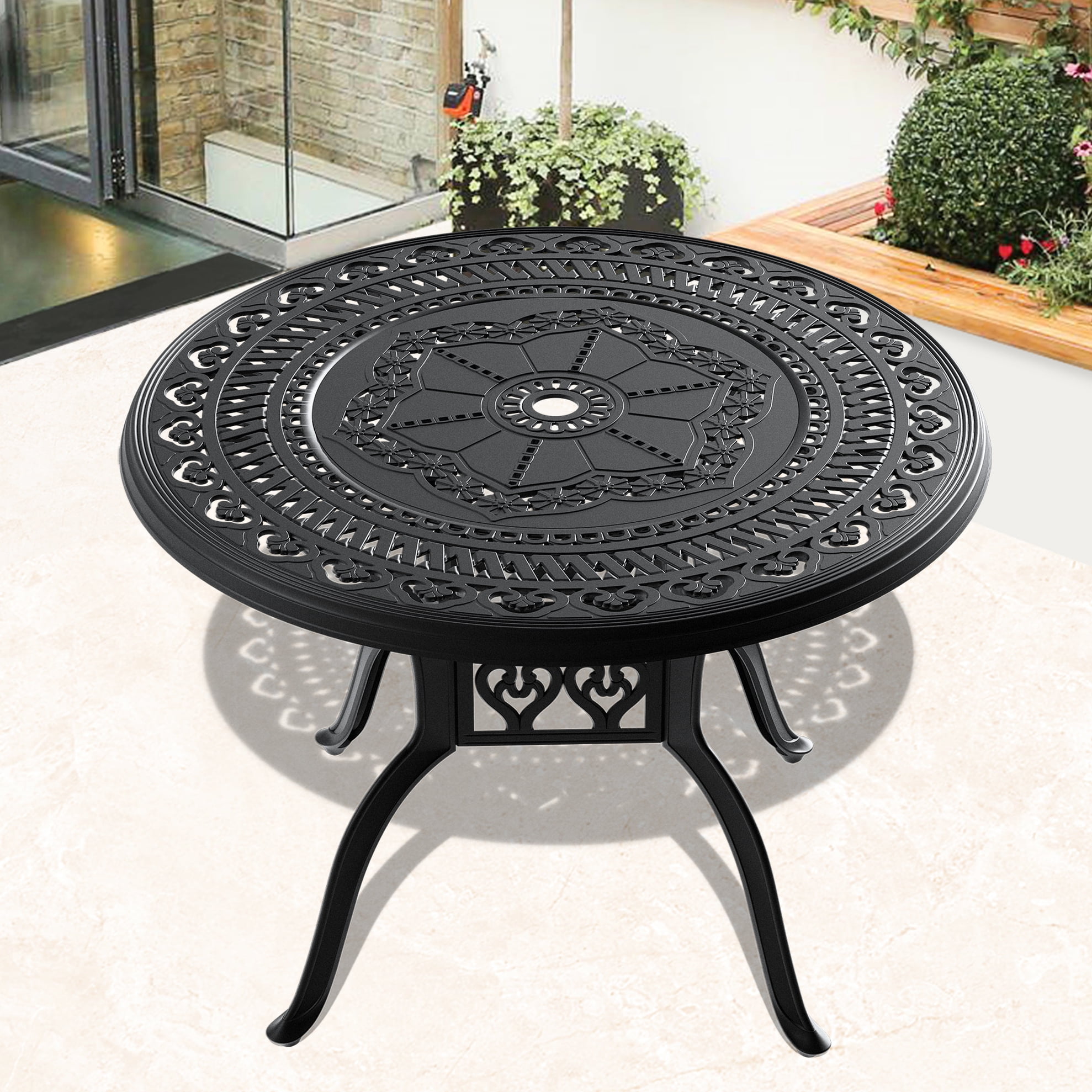 Cast Aluminum Dining Table For Patio, 40.1" - Black Frame, Umbrella ...