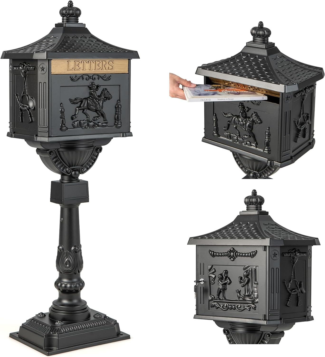 Cast Aluminum Mailbox with Post, Heavy Duty Postal Mail Box w/ 2 Keys ...