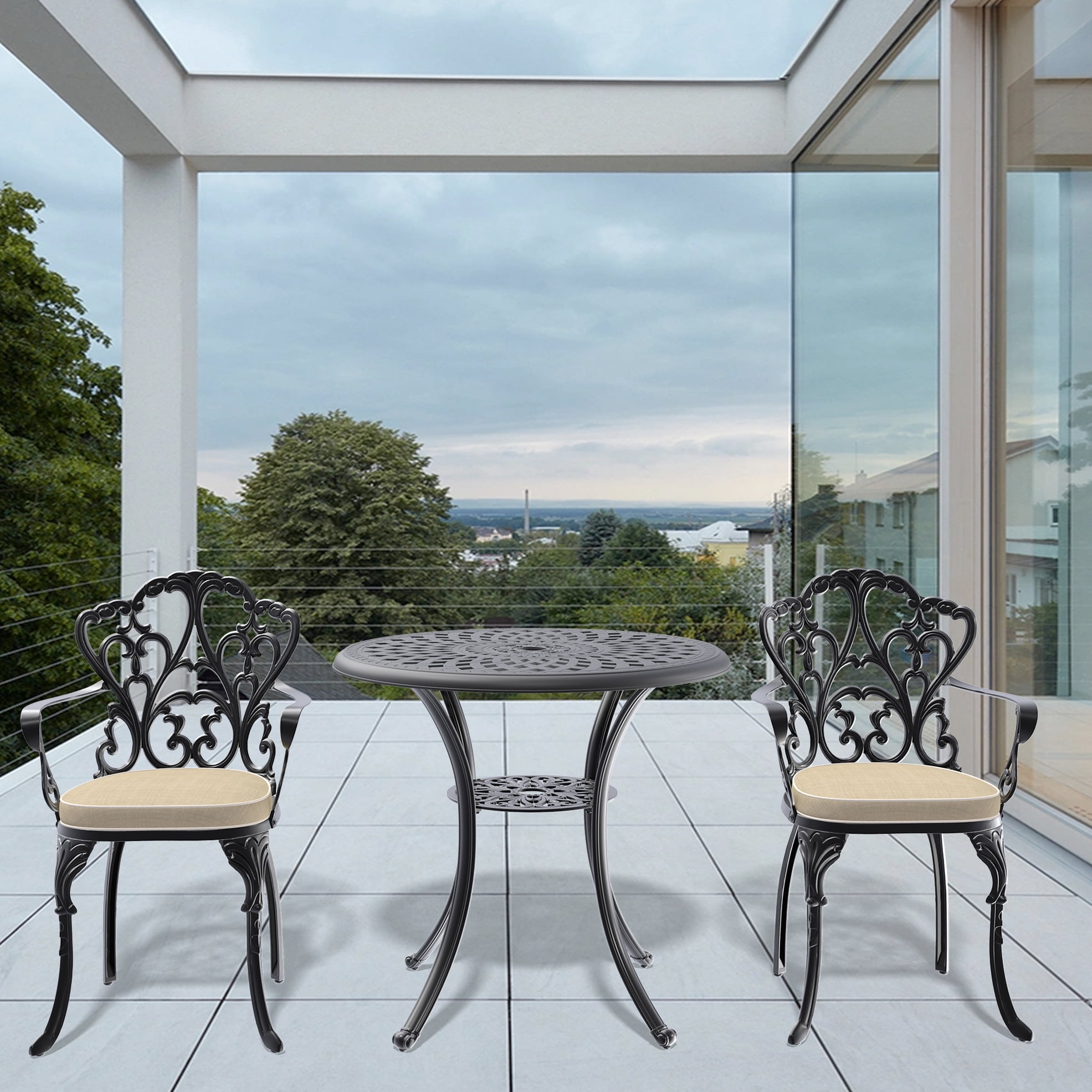 Cast Aluminum Patio Chairs And Table With Wear Cushions - Black Outdoor Dining Resilient Foam ...