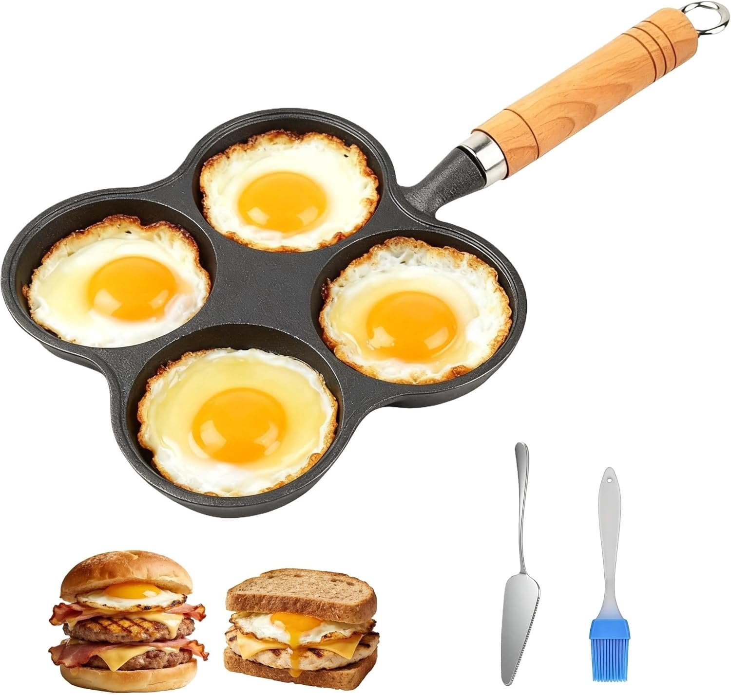 Cast Iron 4-Cup Egg Pan, Small Omelette Pan with Turner & Oil Brush ...