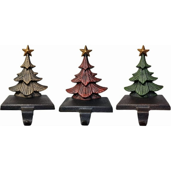 , Cast Iron 8.5" Christmas Tree Stocking Holders Silver, Gold, Green ...
