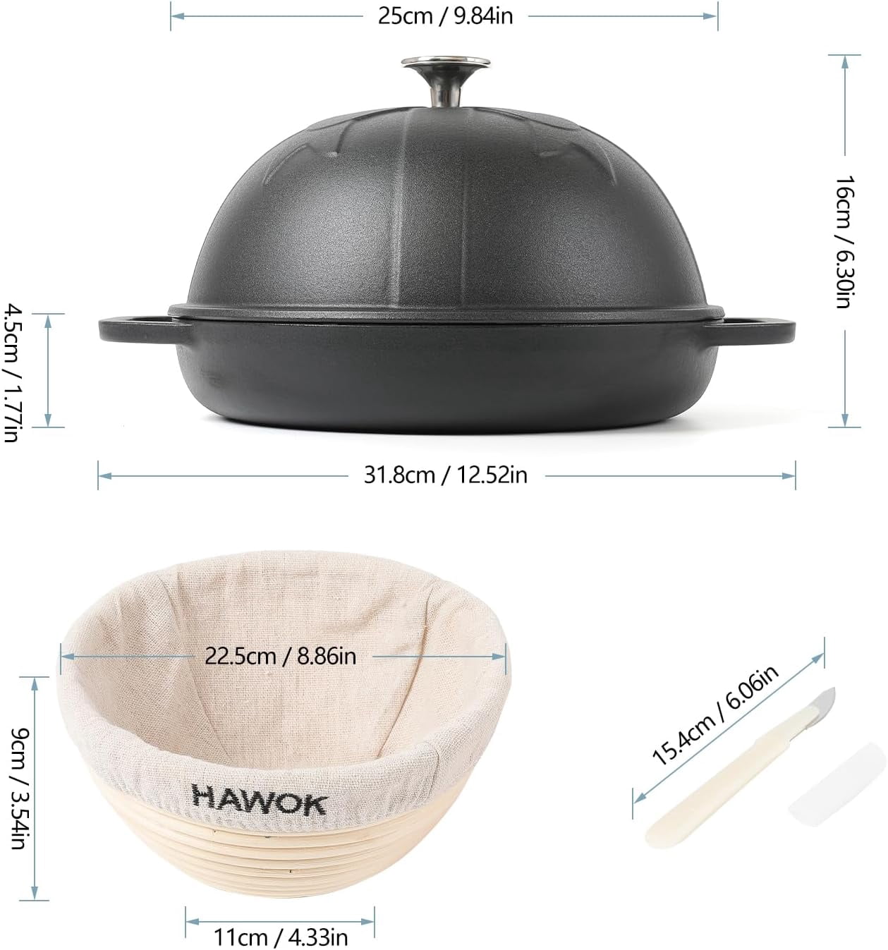 Cast Iron Bread Oven with Cloche Lid, Dia. 9.8inch/25cm, 1.5qt, with ...