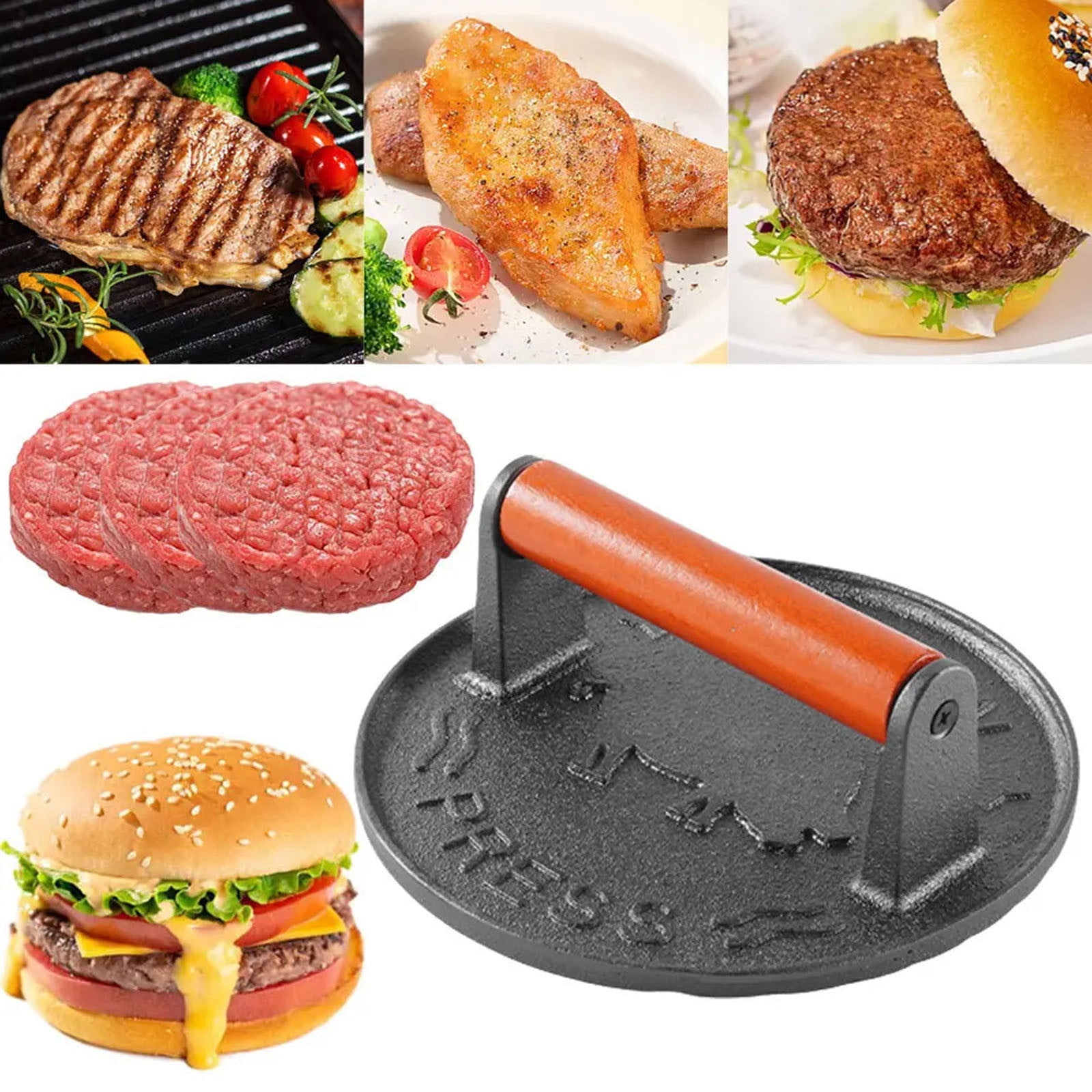 Cast Iron Burger Press with Heat-Resistant Handle, Non-Stick Smooth ...