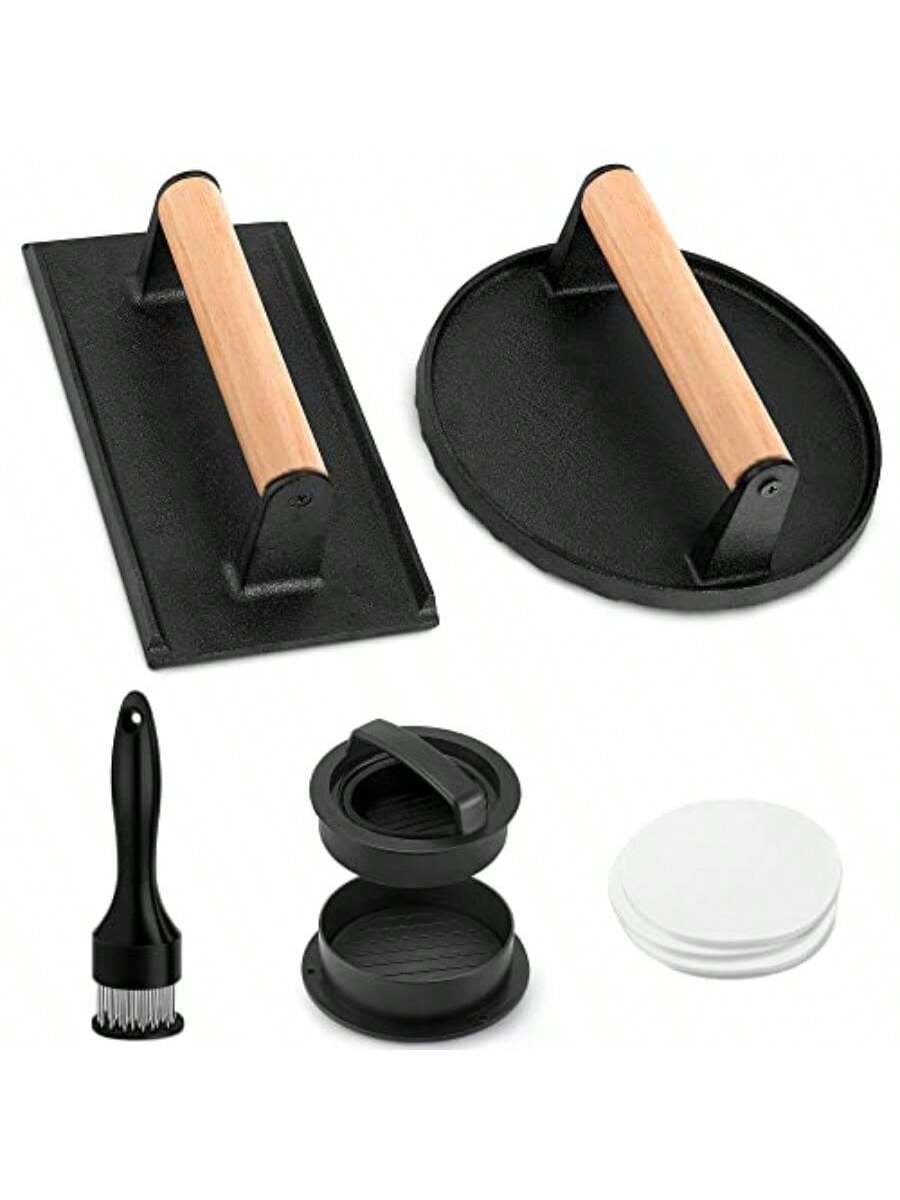 Cast Iron Burger Press Set with Patty Papers，Heavy Duty Burger Smasher ...