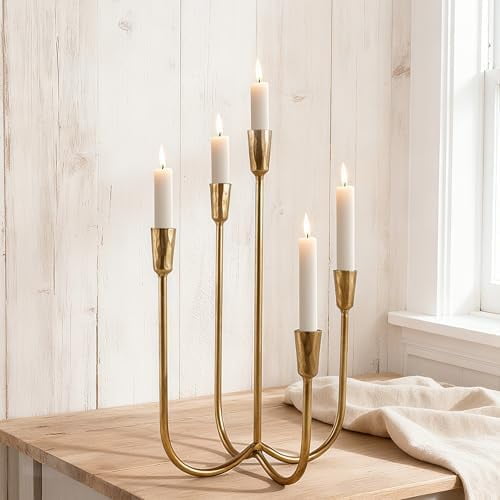 Cast Iron Candelabra 5-Taper Candle Holders, Golden Metal Candlestick ...