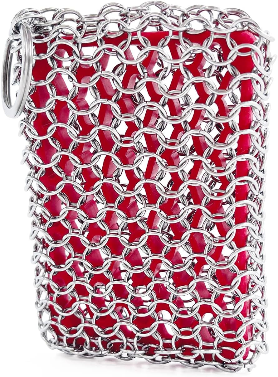 Cast Iron Chainmail Scrubber with Red Silicone Insert Chainmail Scrub ...