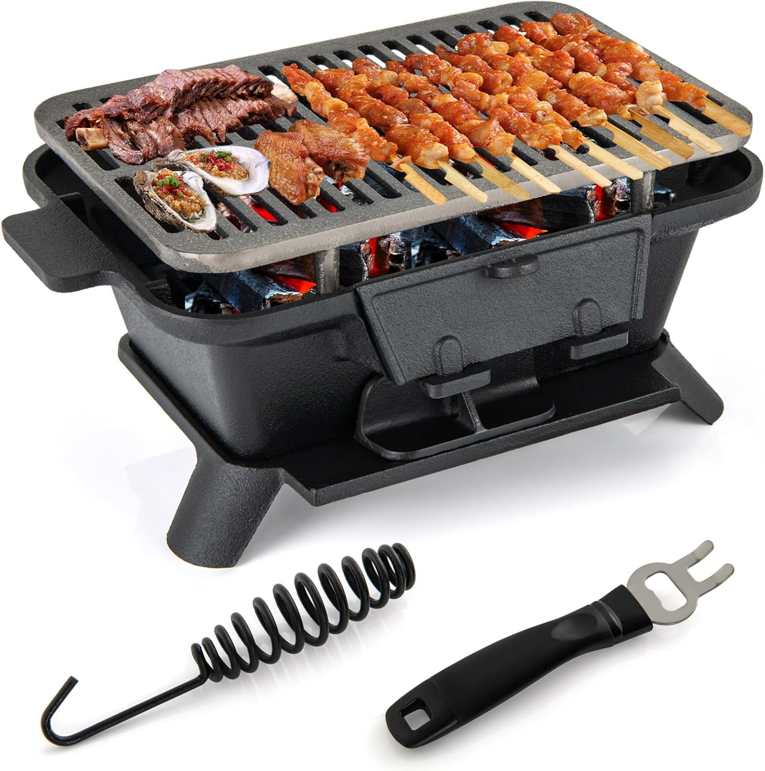Cast Iron Charcoal Grill, Portable Hibachi Grill w/Air Regulating Door ...