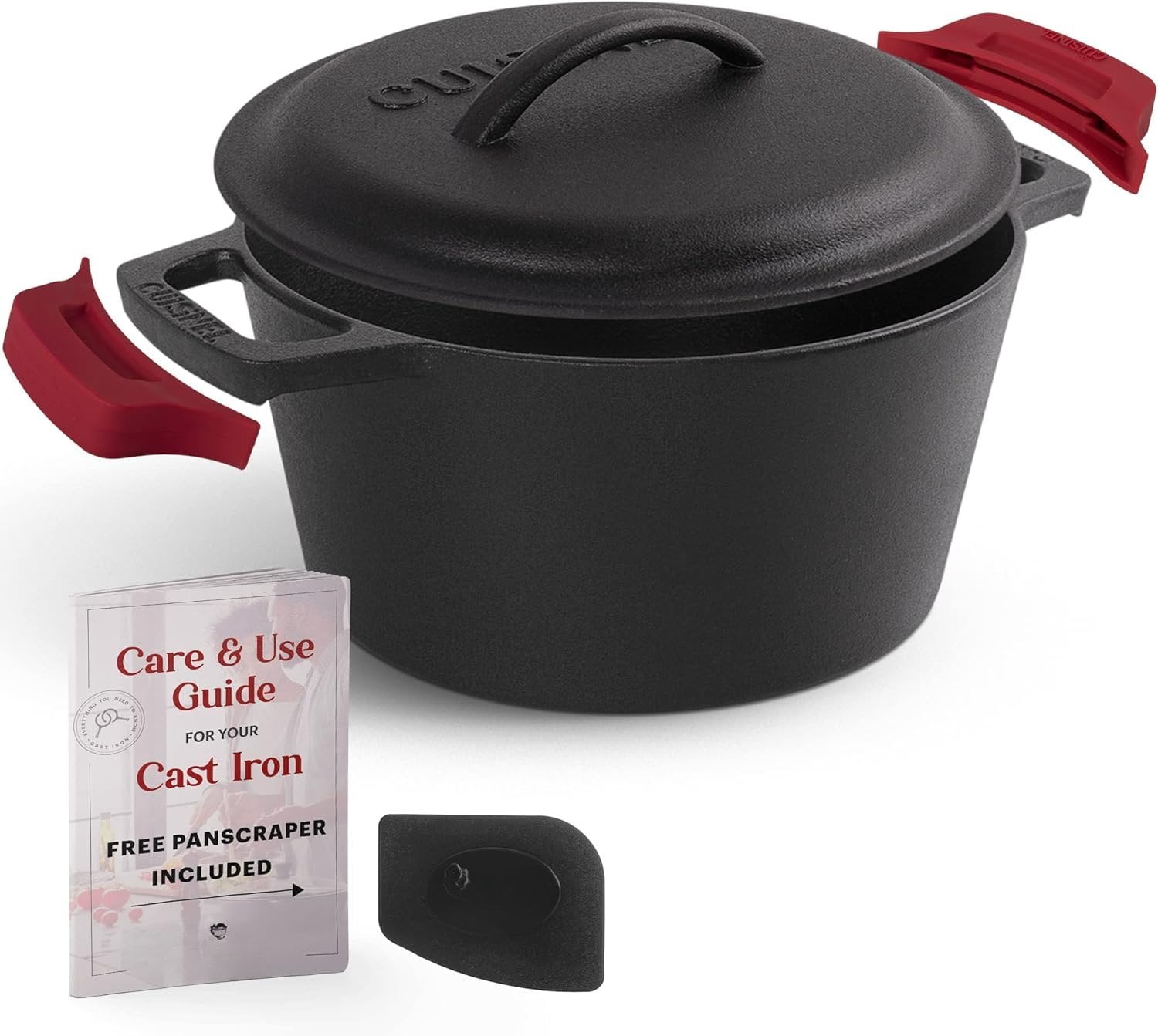 Cast Iron Dutch Oven - 3-Quart Deep Pot + Lid + Pan Scraper + Handle ...