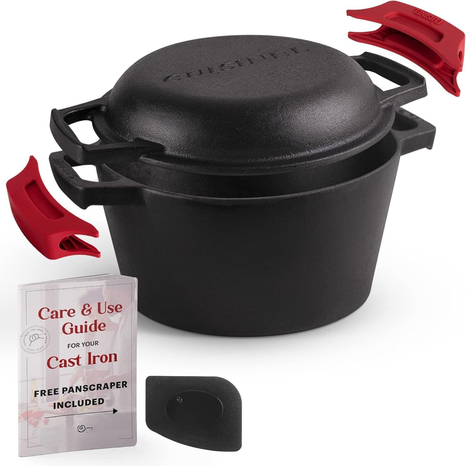 Cast Iron Dutch Oven - 3-Quart Deep Pot - Pre-Seasoned 2-in-1 Multi ...