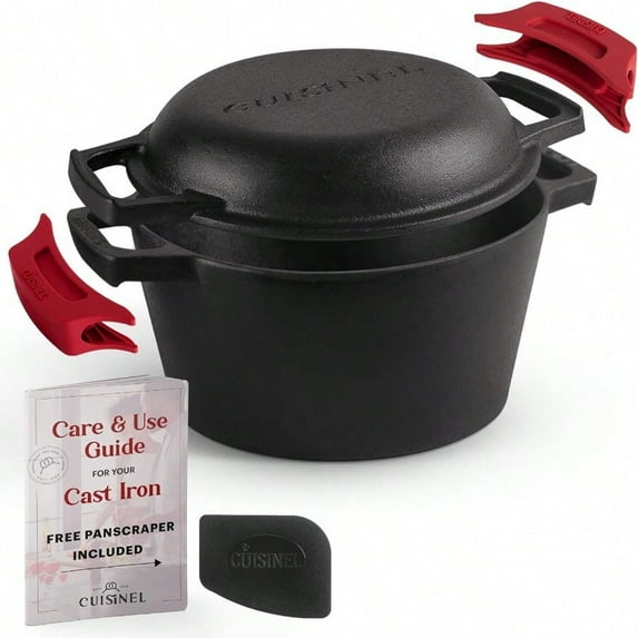 Cast Iron Dutch Oven - 3-Quart Deep Pot - Pre-Seasoned 2-in-1 Multi-Cooker - Combo Lid Doubles ...