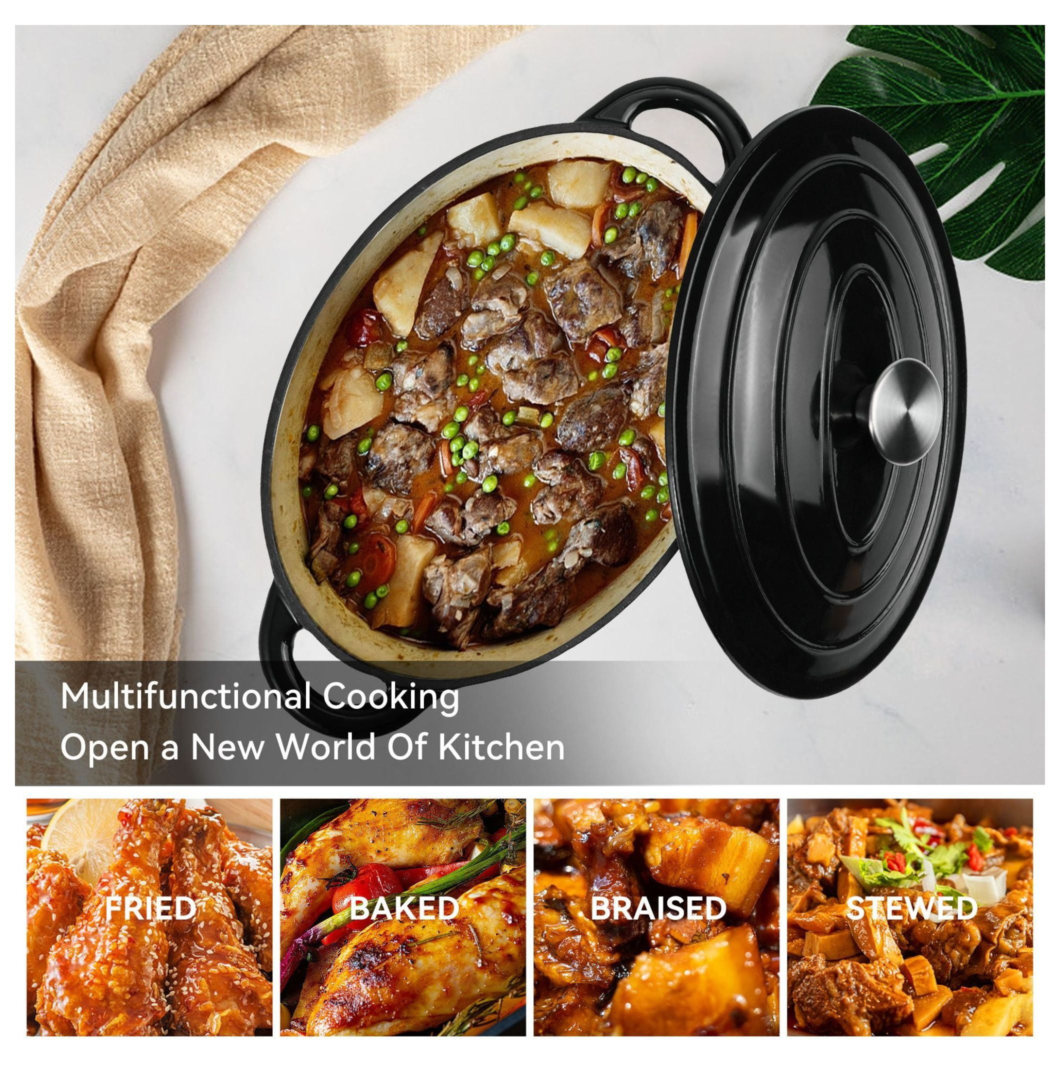 Cast Iron Dutch Oven 4.5-QT, Enameled Oval Pot for Stewing, Baking ...