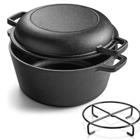 Cast Iron Dutch Oven Pot with Skillet Lid, 2-in-1 Pre-Seasoned Dual ...