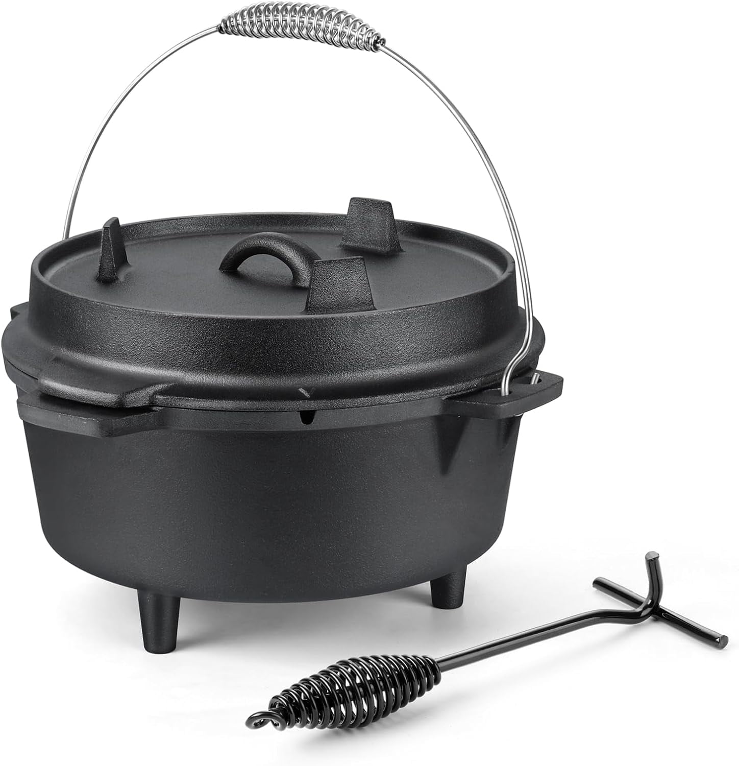 Cast Iron Dutch Oven, Seasoned Camping Pot & Lid Lifter, Large Heavy ...