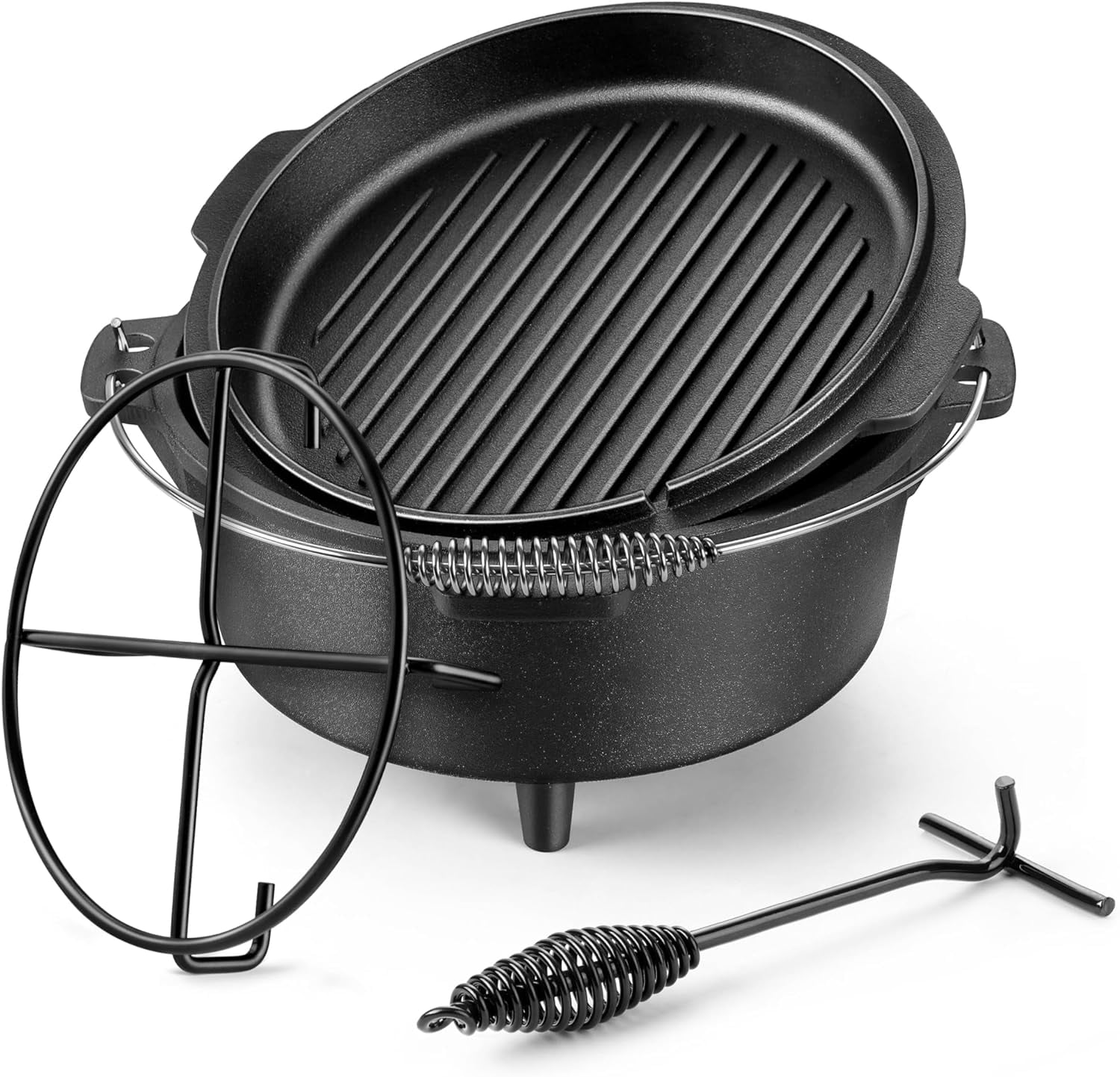 Cast Iron Dutch Oven, Seasoned Camping Pot & Lid Lifter, Large Heavy ...