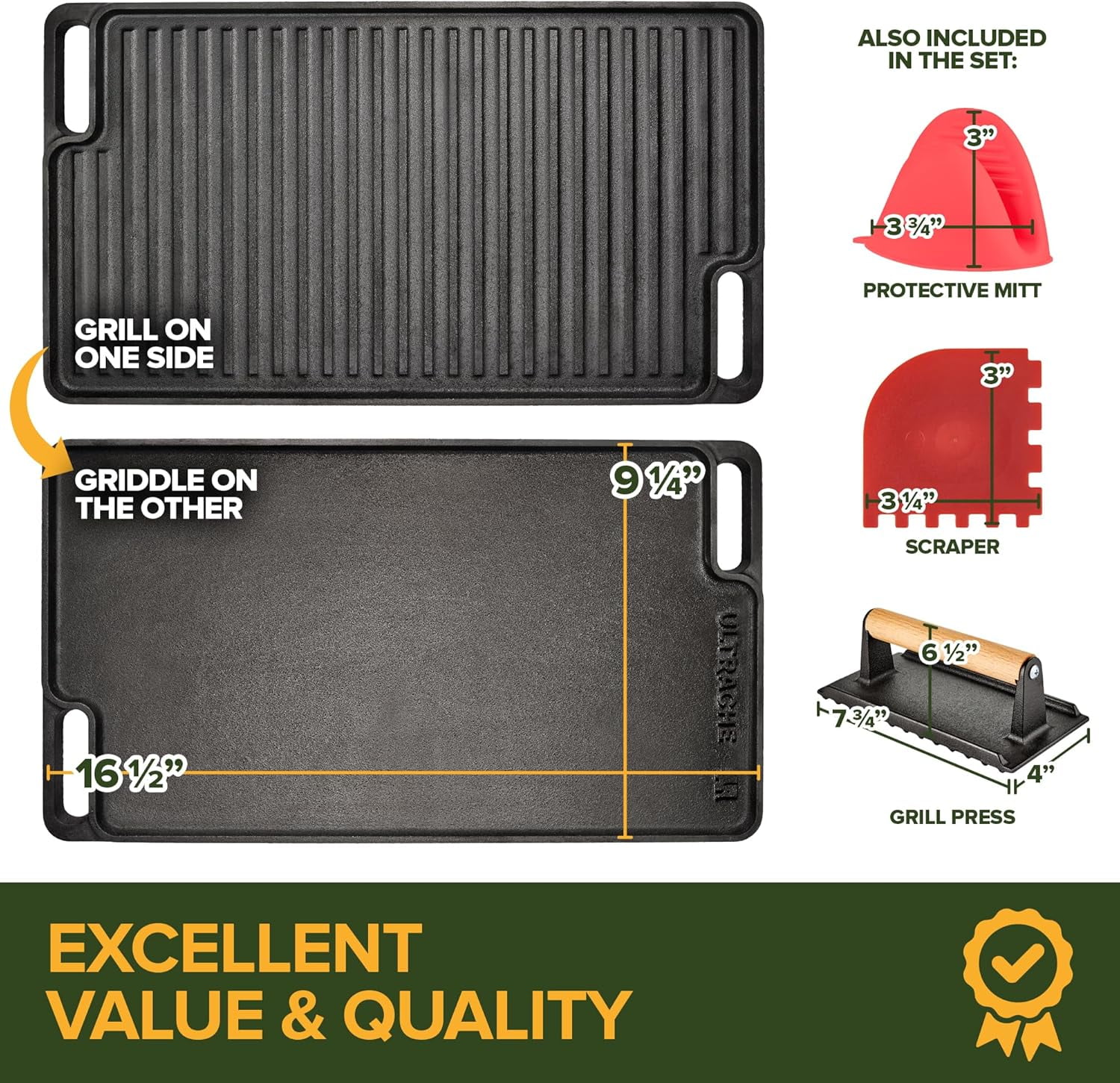 Cast Iron Griddle/Grill Reversible Combo Set + Protective Mitts, Grill ...