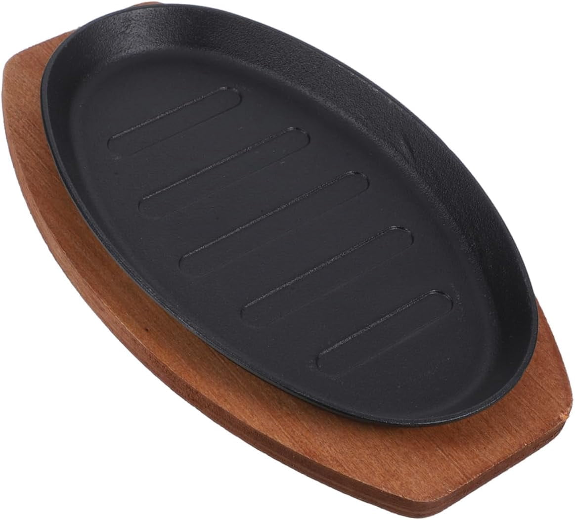 Cast Iron Grill Griddle 12-Inch Steak Sizzling Plate with Wooden Base ...