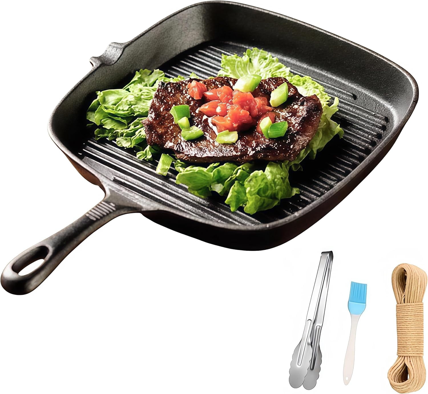 Cast Iron Grill Pan, 9.5 inch Square Grill Pan Skillet with Pour Spout ...