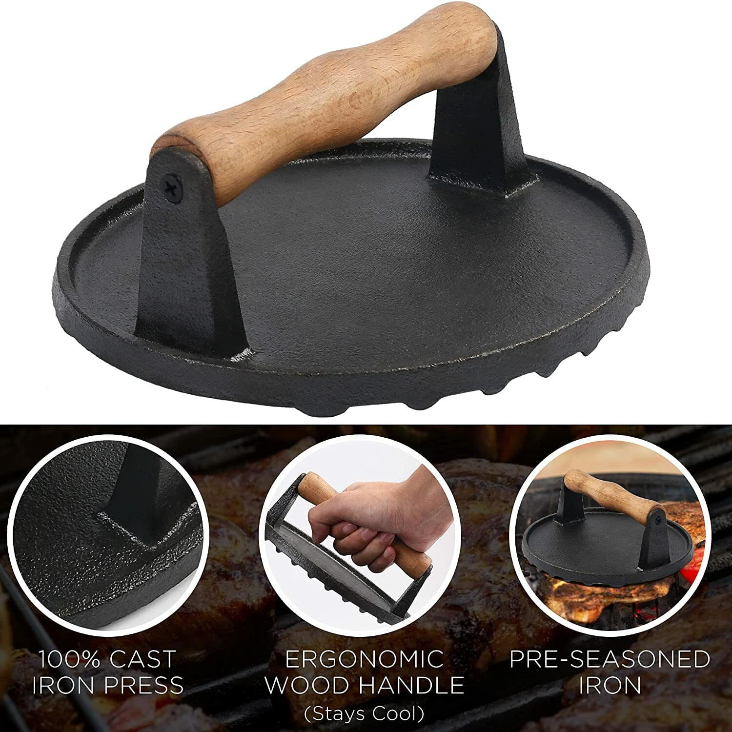 Cast Iron Grill Press Weight Steak Burger Press Griddles Flattops Bacon ...