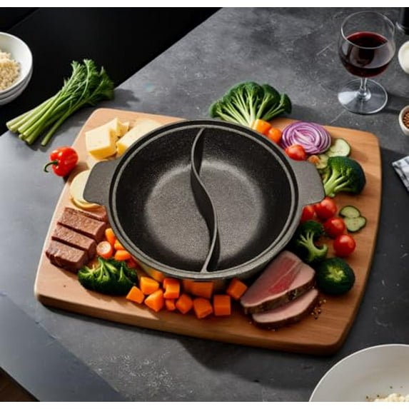 Cast Iron Hot Pot with Divider, 12.5 Inch Dual-Sided Shabu Shabu Pot ...