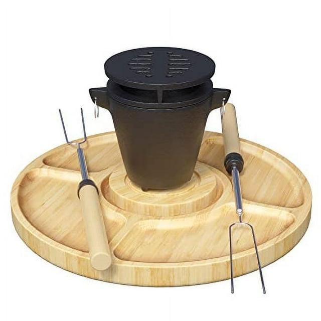 Cast Iron Mini Hibachi Set with Bamboo Tray & 2 Marshmallow Sticks ...