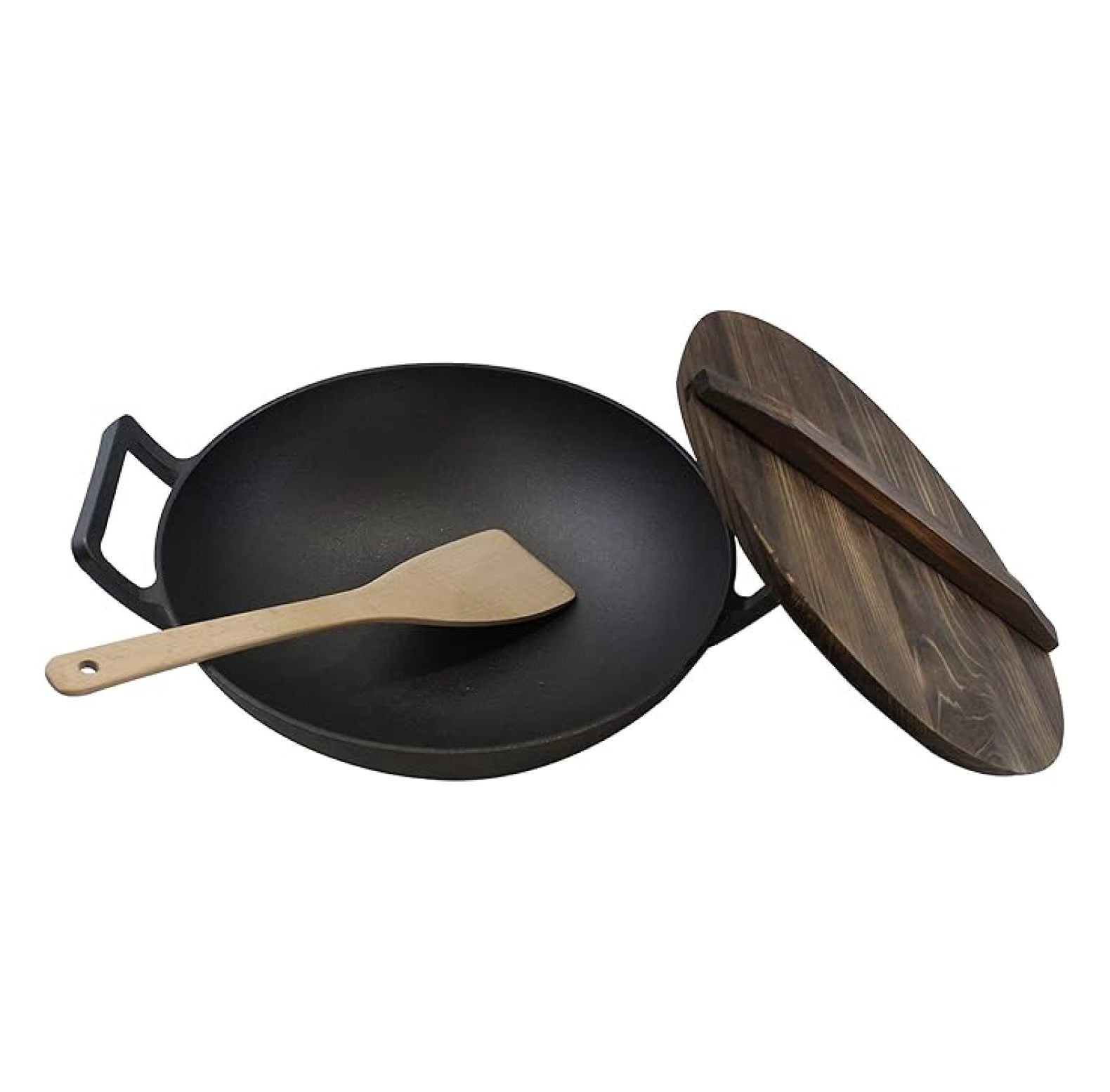 Cast Iron， Pre-Seasoned Wok 14.5" with Wood Spatula and Lid - Walmart.com