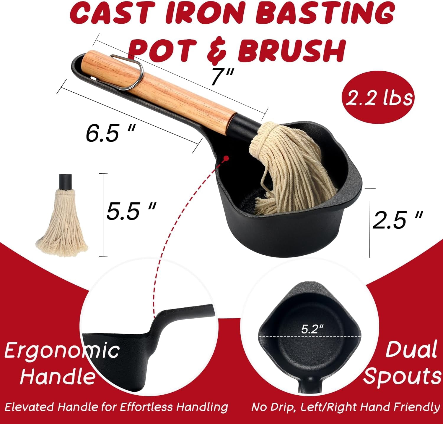 Cast Iron Sauce Pan and Basting Pot Set with BBQ Mop Brushes - Heavy ...