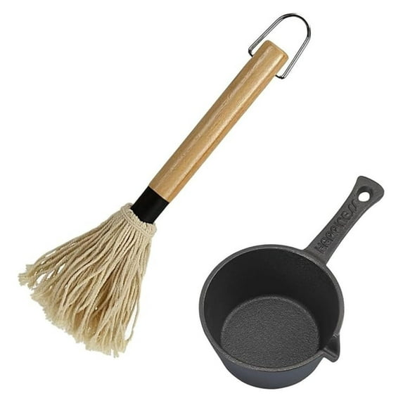 Cast Iron Sauce Pot & BBQ Mop Brush Set - Grilling Basting Set for BBQ ...