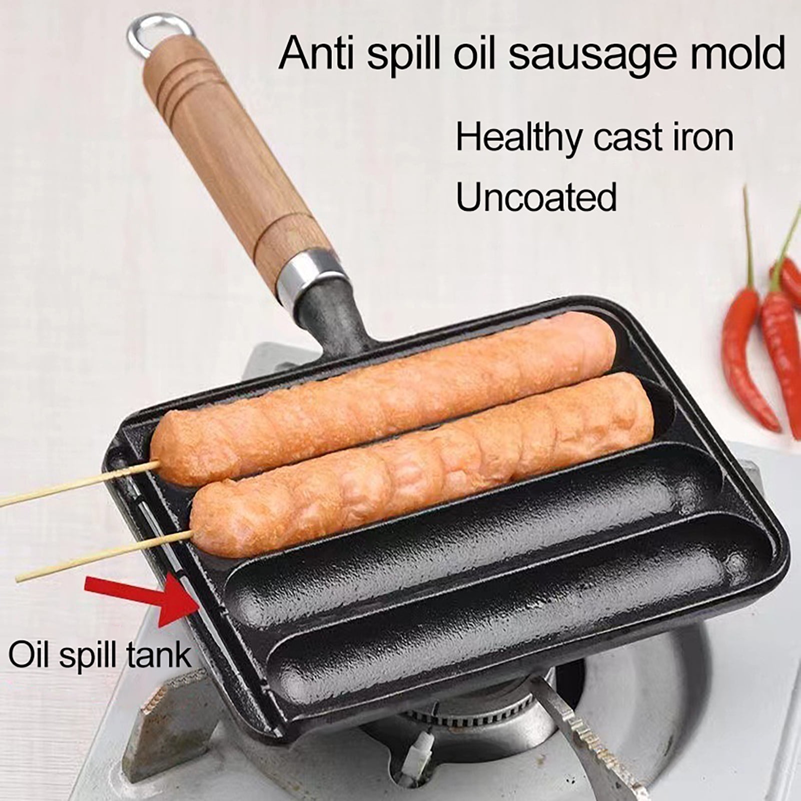 Cast Iron Sausage Pan with Anti-Scald Wooden Handle Non-Stick Pre ...