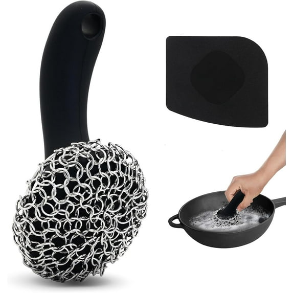Cast Iron Scrubber with Long Handle | 316 Cast Iron Cleaner Chainmail ...