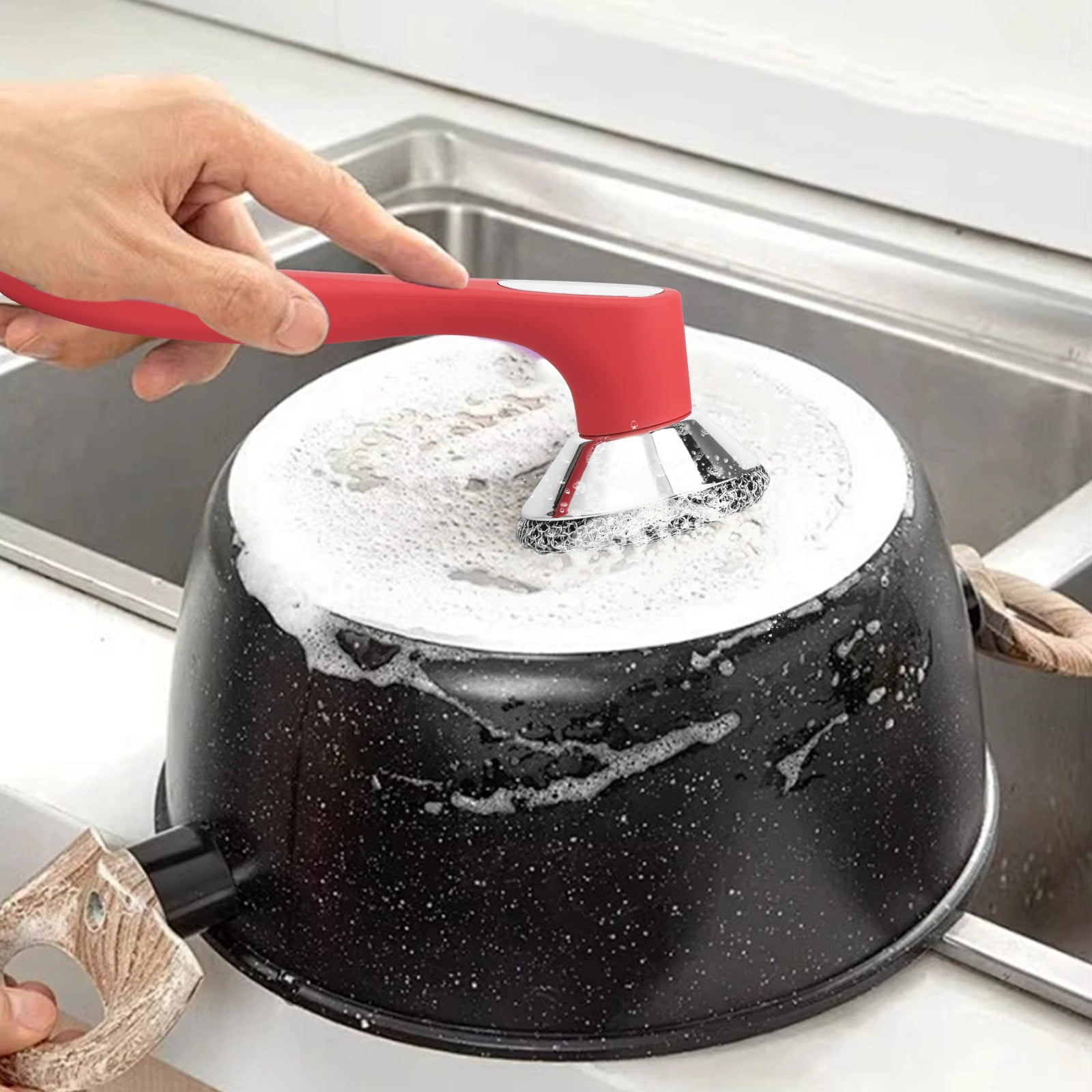 Cast Iron Scrubber with Long Silicone Handle Stainless Steel Skillet ...