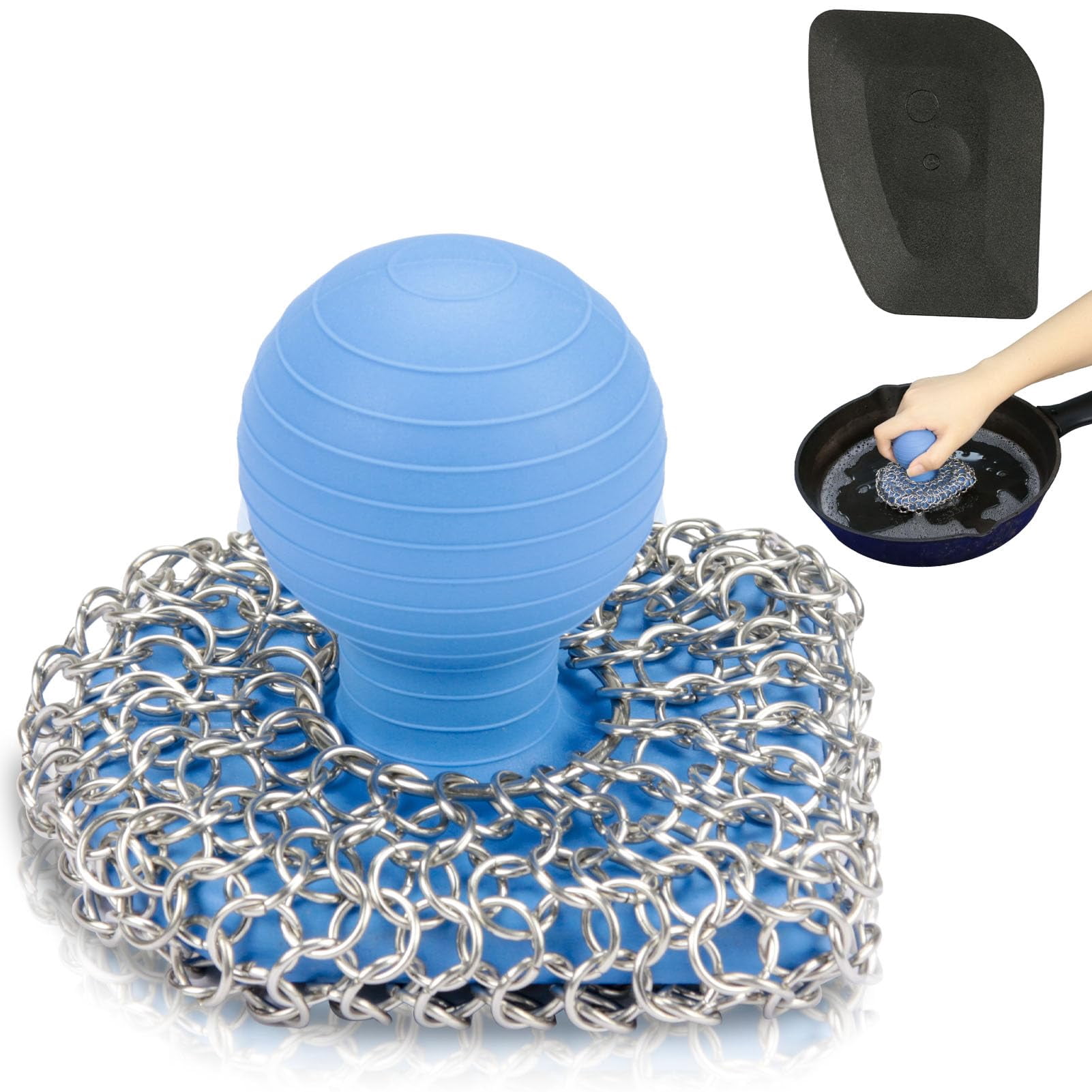 Cast Iron Scrubber with Pan Scraper, 316 Chainmail Scrubber, Upgraded ...