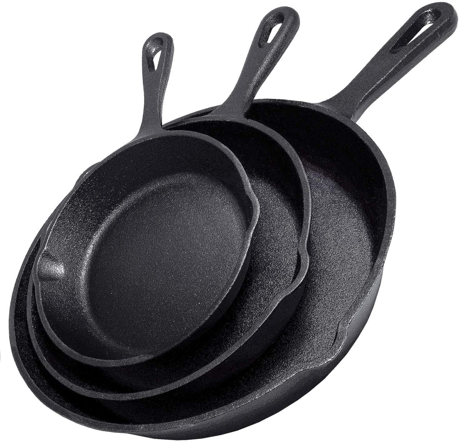 Cast Iron Skillet 3-Piece Set - Heavy-Duty Professional Restaurant Chef Quality Pre-Seasoned Pan ...