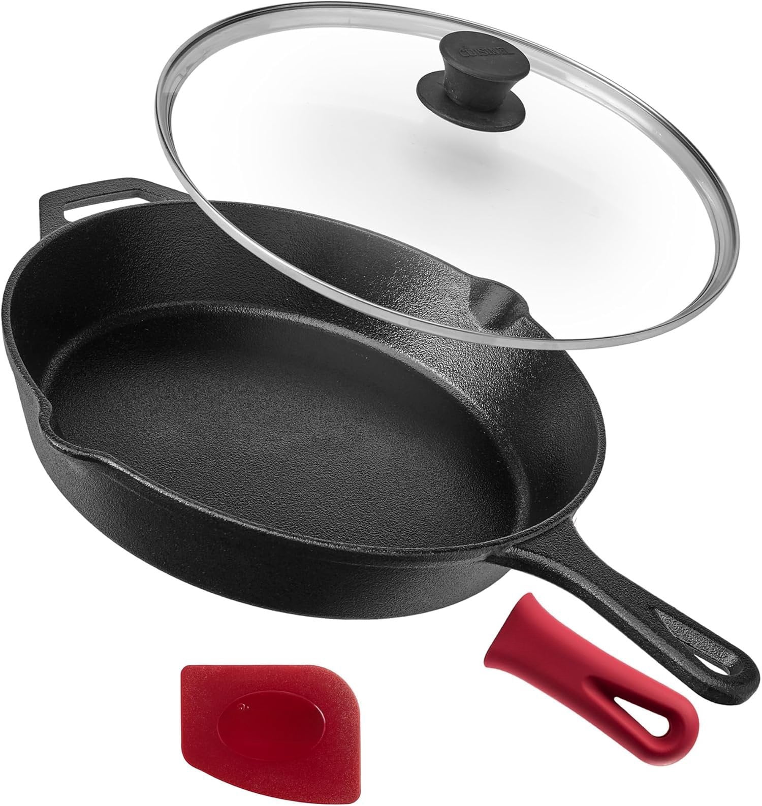 Cast Iron Skillet with Lid - 12"-Inch Frying Pan + Glass Cover + Handle ...
