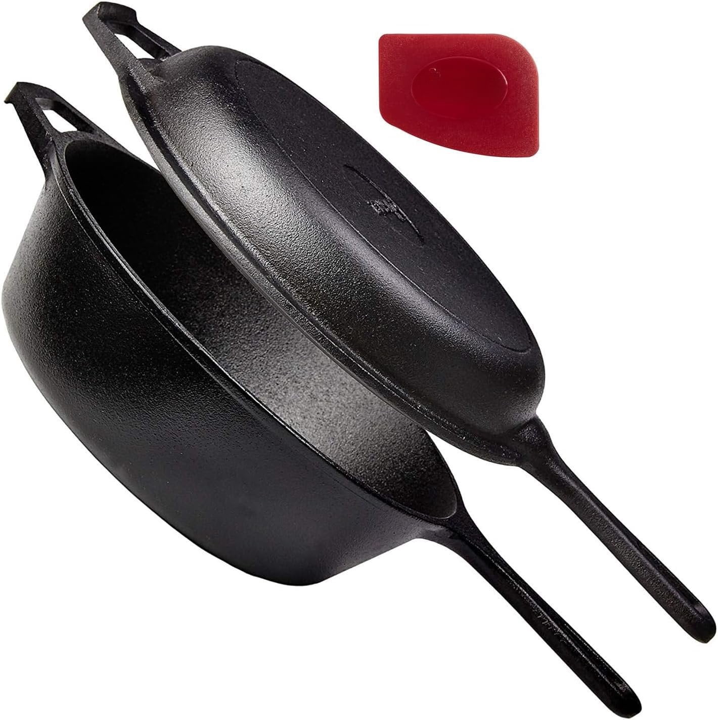 Cast Iron Skillet + Lid - 2-In-1 Multi Cooker - Deep Pot + Frying Pan ...