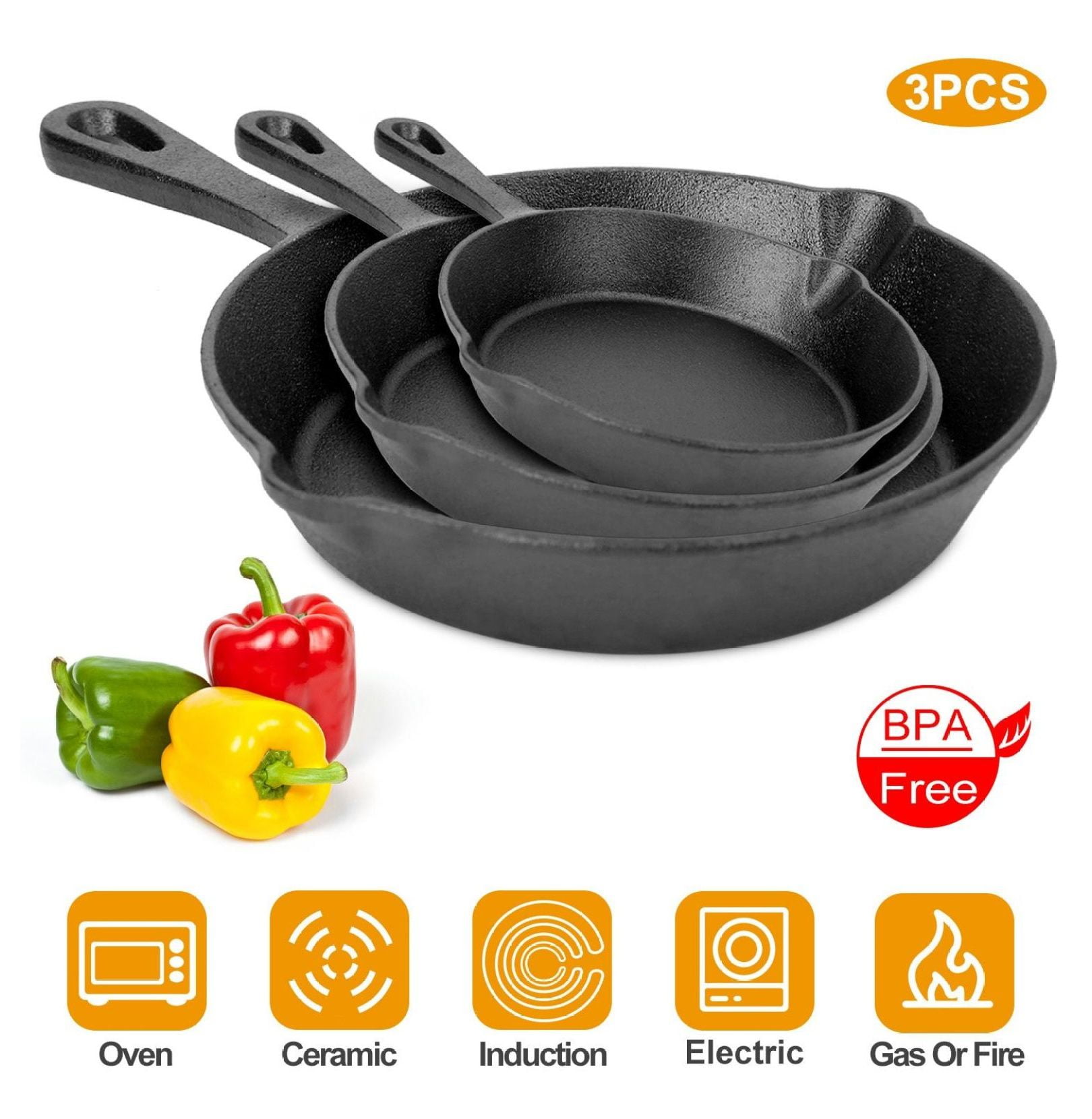Cast Iron Skillet Set 3-Piece - 6, 8 & 10 Inch Frying Pans - Non-Stick ...