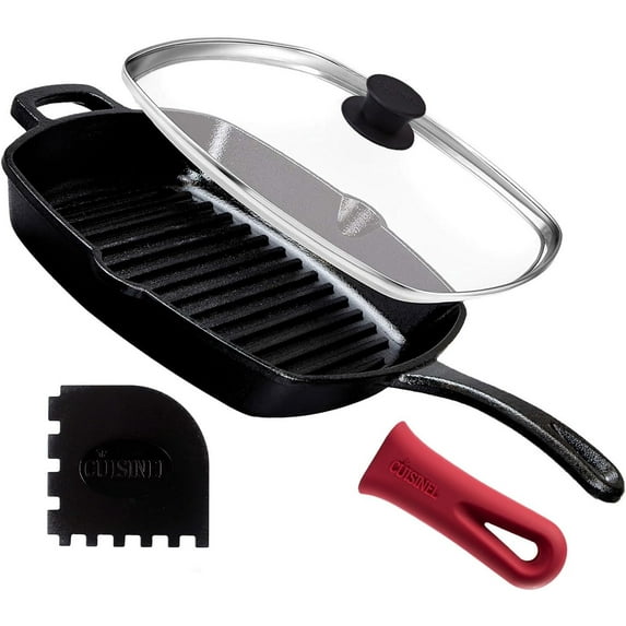 Cast Iron Square Grill Pan + Glass Lid + Pan Scraper + Handle Cover - 10.5" Pre-Seasoned Ridged ...