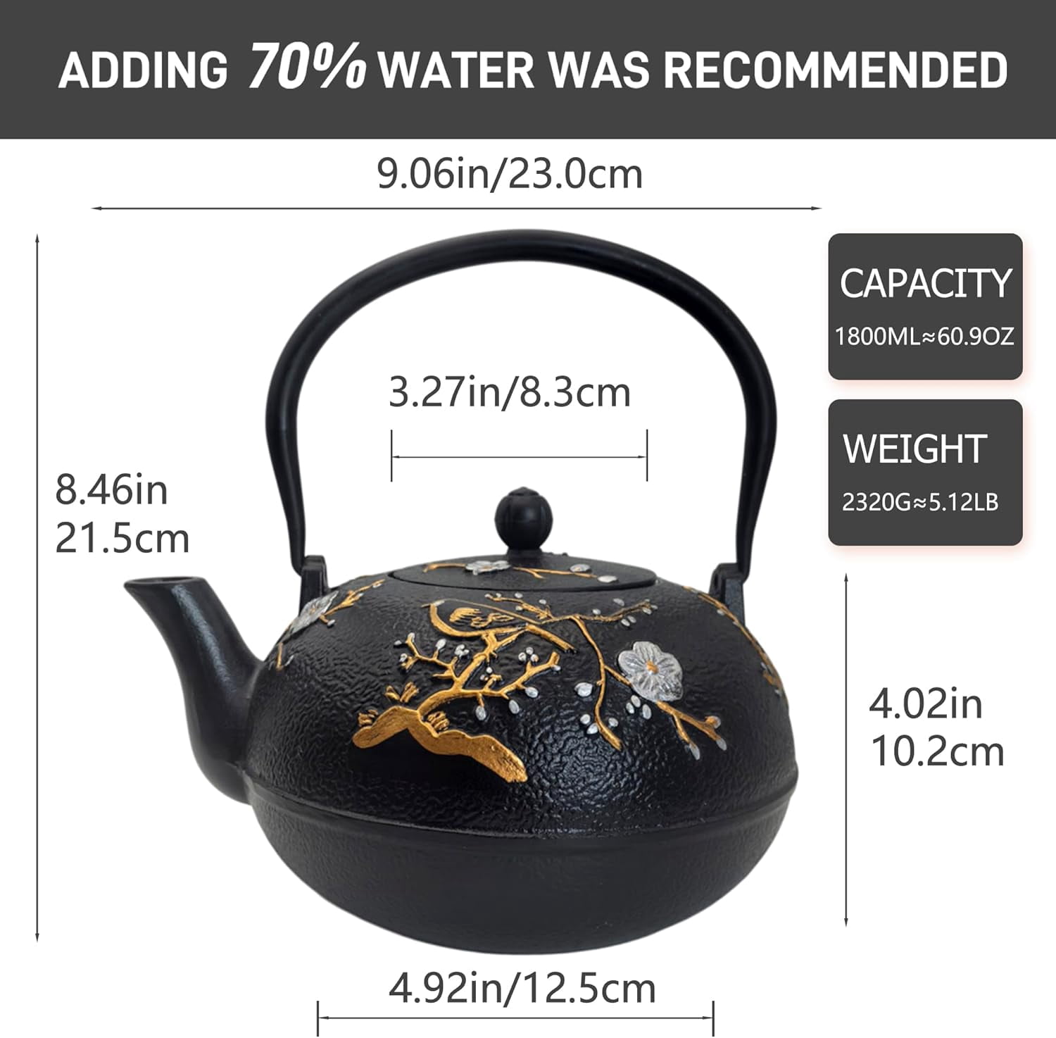 Cast Iron Teapot 60.9oz Enameled Interior Stainless Steel Infuser for ...