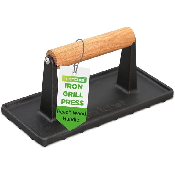 Cast Iron Weight Grill Press – Heavy-Duty Griddle with Wooden Handle ...