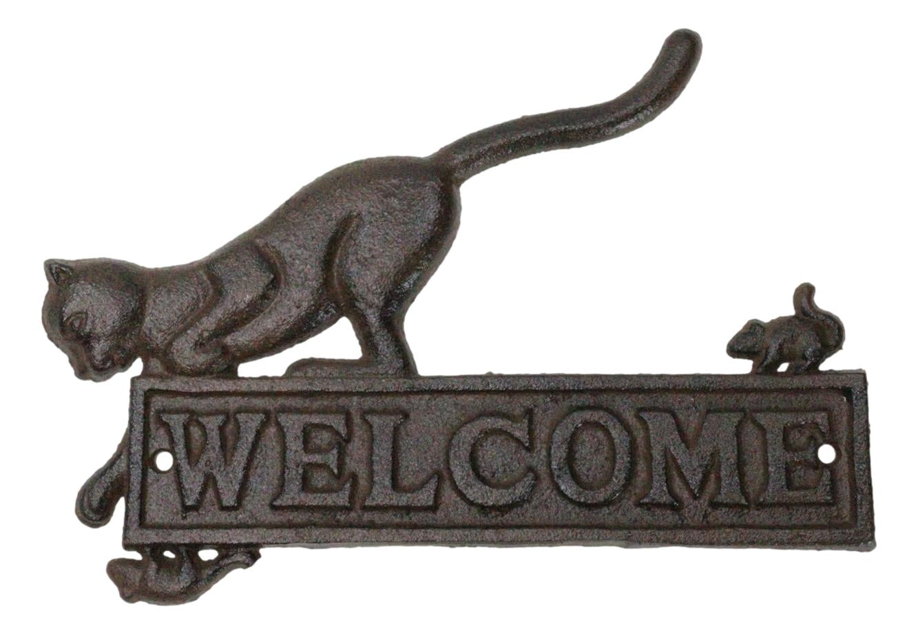 Cast Iron Whimsical Hungry Kitty Cat Chasing 2 Mice Wall Decor Welcome ...