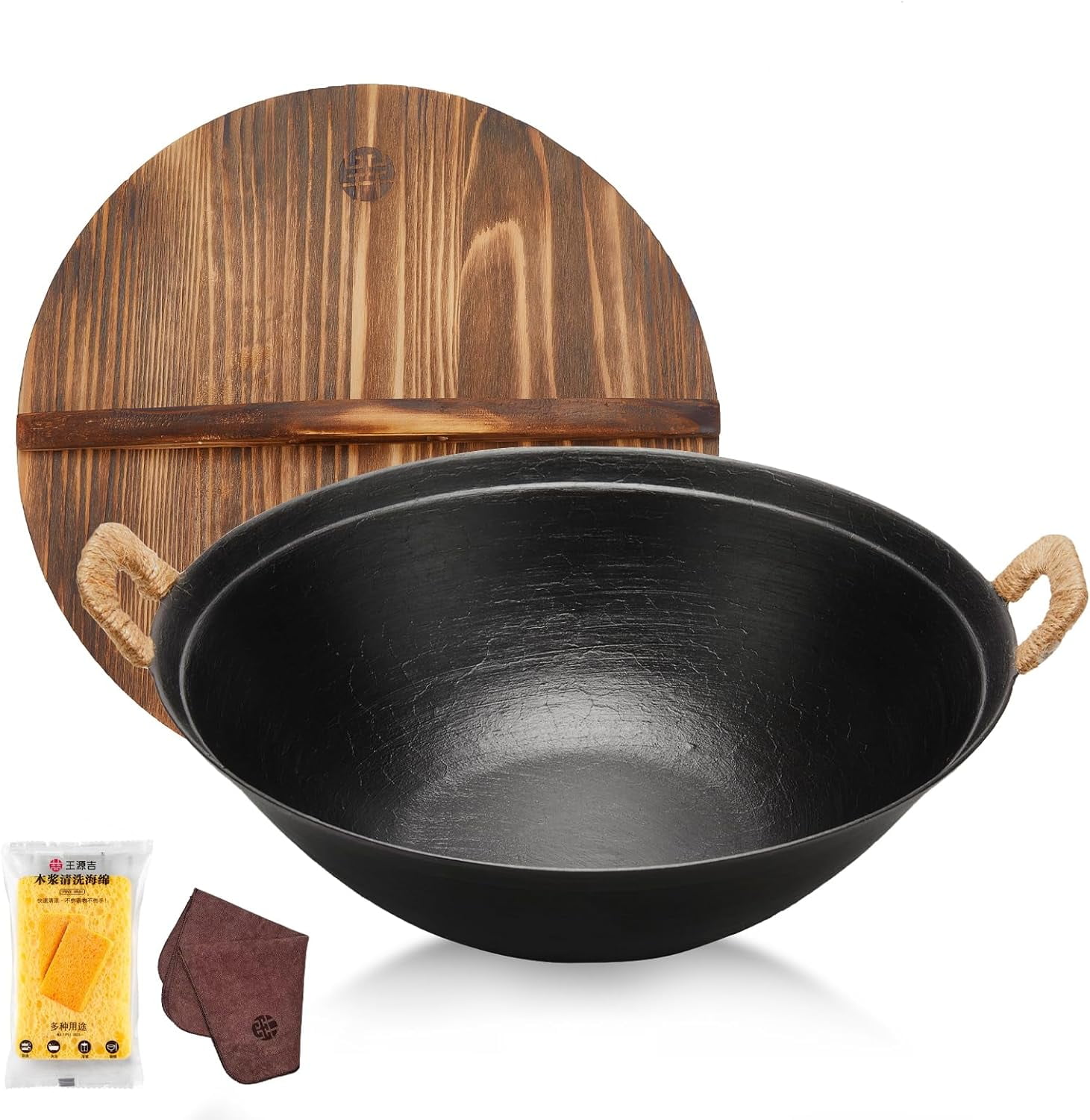 Cast Iron Wok Pan, Handmade Wok 13.4" Large Wok Stir Fry Pan with Dual ...