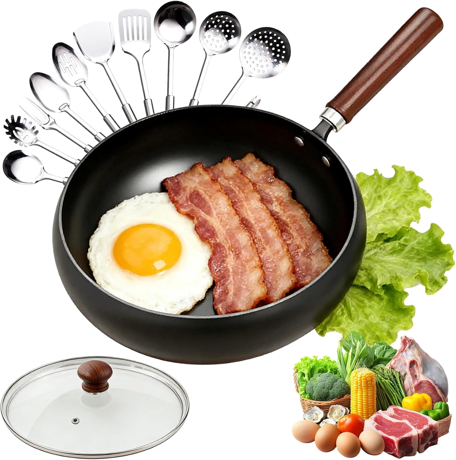 Cast Iron Wok Pan, Uncoated, Hand-Forged, Non-Stick, with Lid and ...