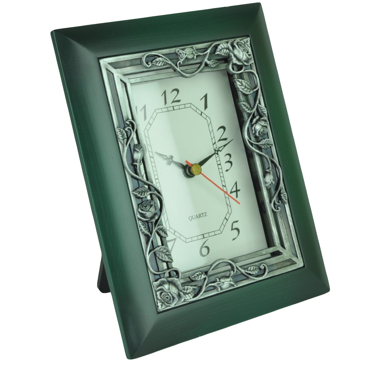 Cast Metal Pewter Petralite Wooden Look Desk Quartz Clock Green Roses ...