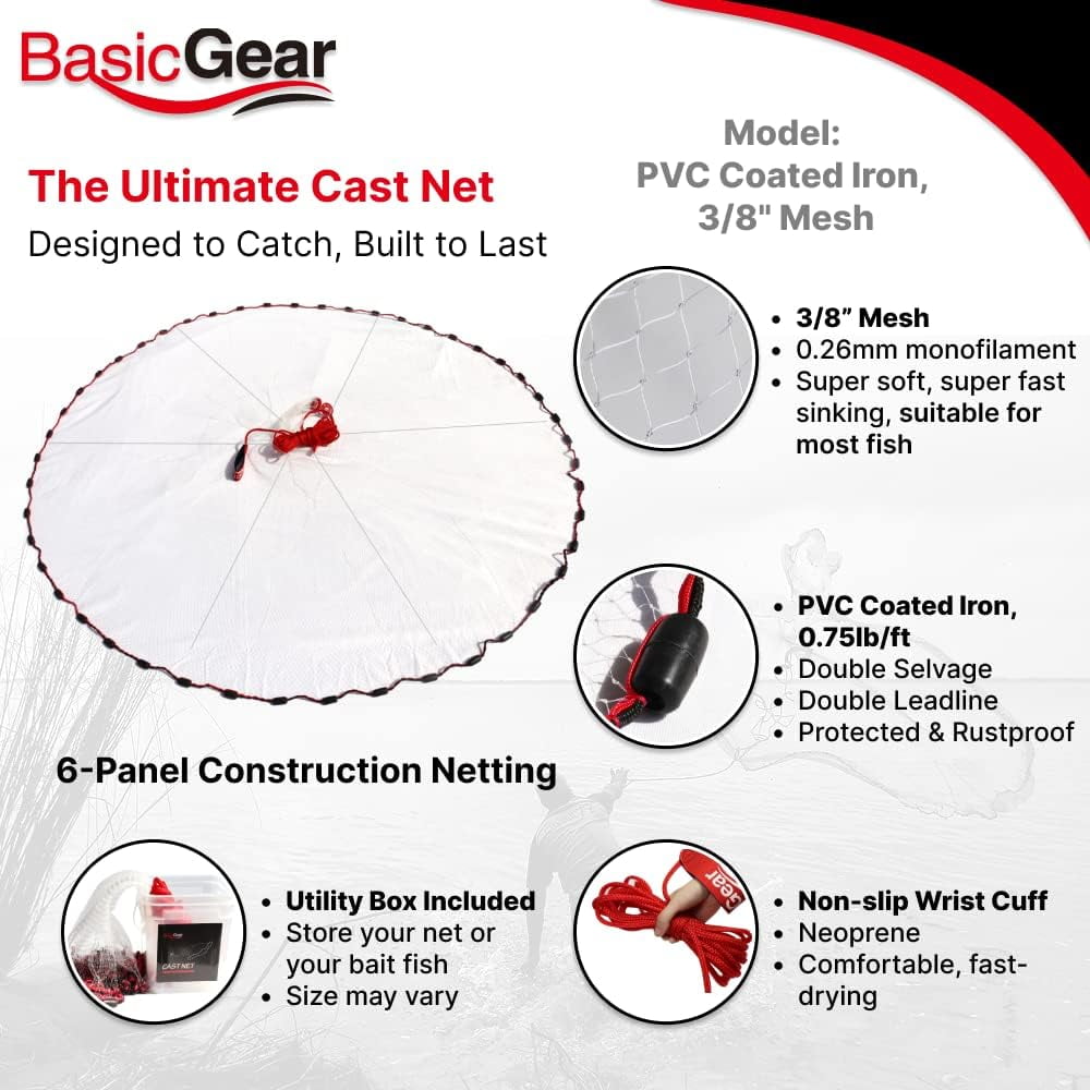 Cast Net 5ft Radius | Professional Fishing Net with 1/4 Inch Mesh for ...