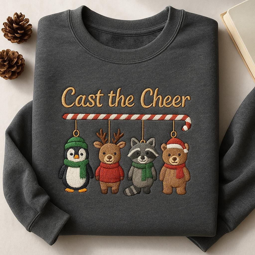 Cast the Cheer Embroidered Sweatshirt, Penguin Reindeer Raccoon Bear ...