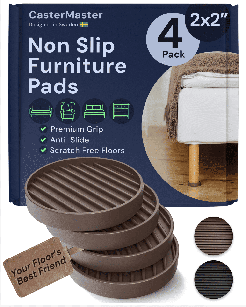 CasterMaster 2 x 2 inch Round Brown Rubber Furniture Gripper & Pad - 4 ...