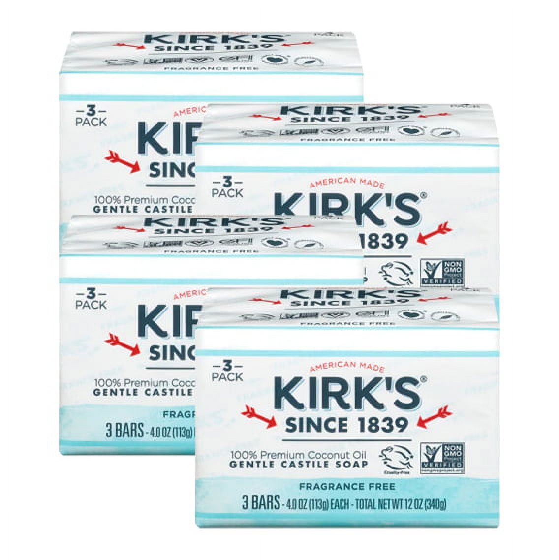 Castile Bar Soap by Kirk’s, Clean Soap Premium Coconut Oil, 4 Pack, 3 ...