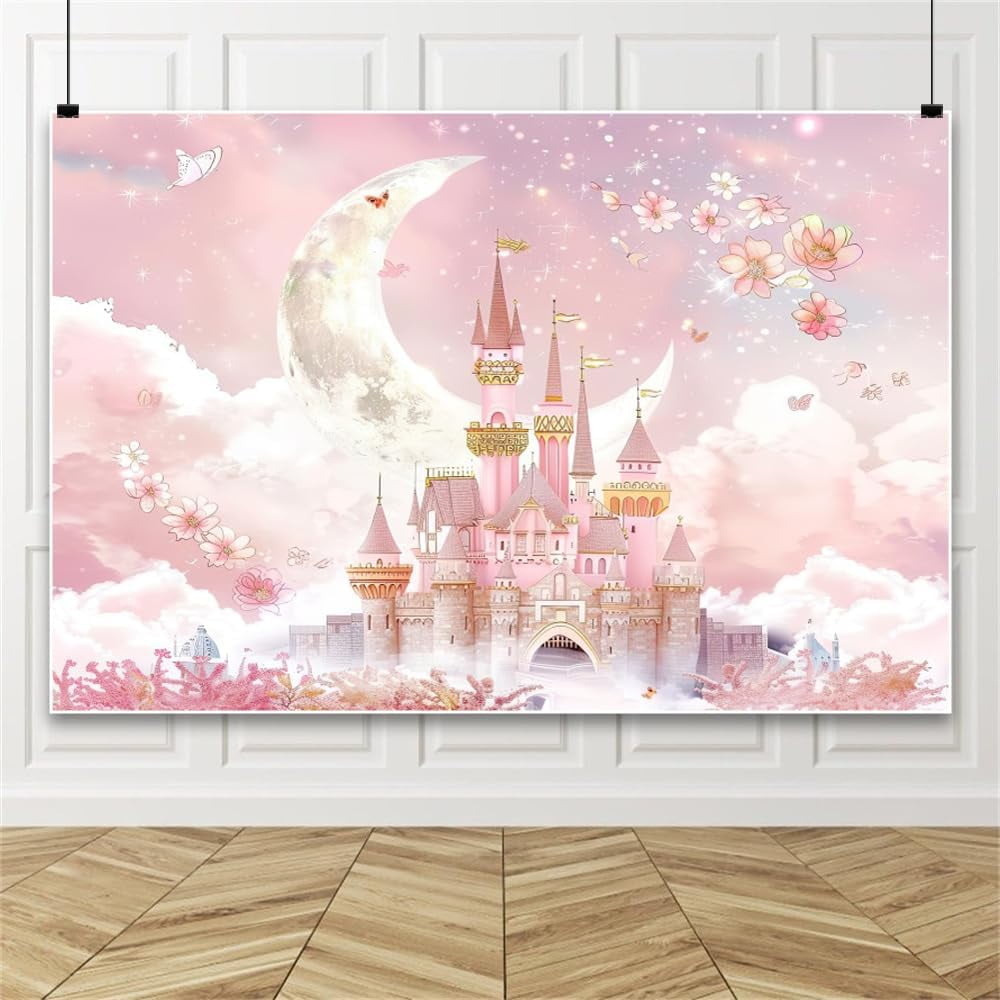 Castle Backdrop Princess Spring Pink Floral Moon Printed Fairy Tale ...