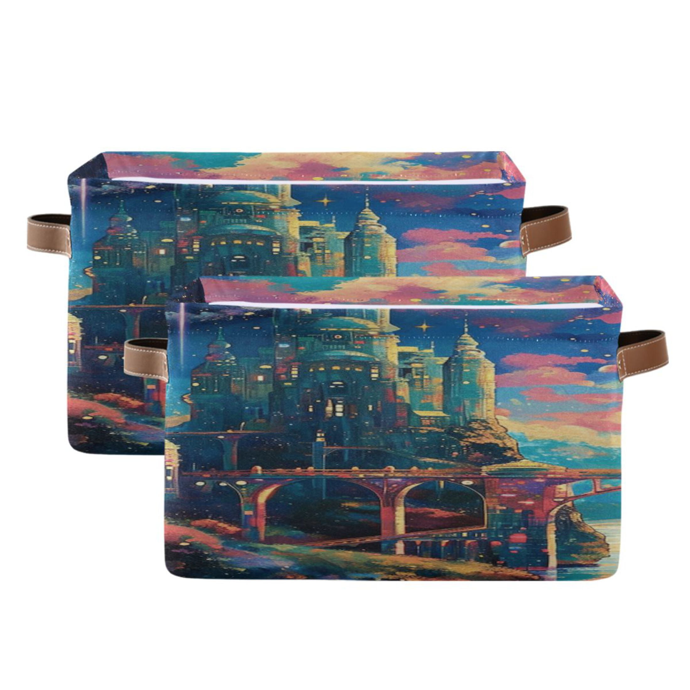 Castle Bridge Starry Sky Storage Bins with Handle Fabric Organizer ...