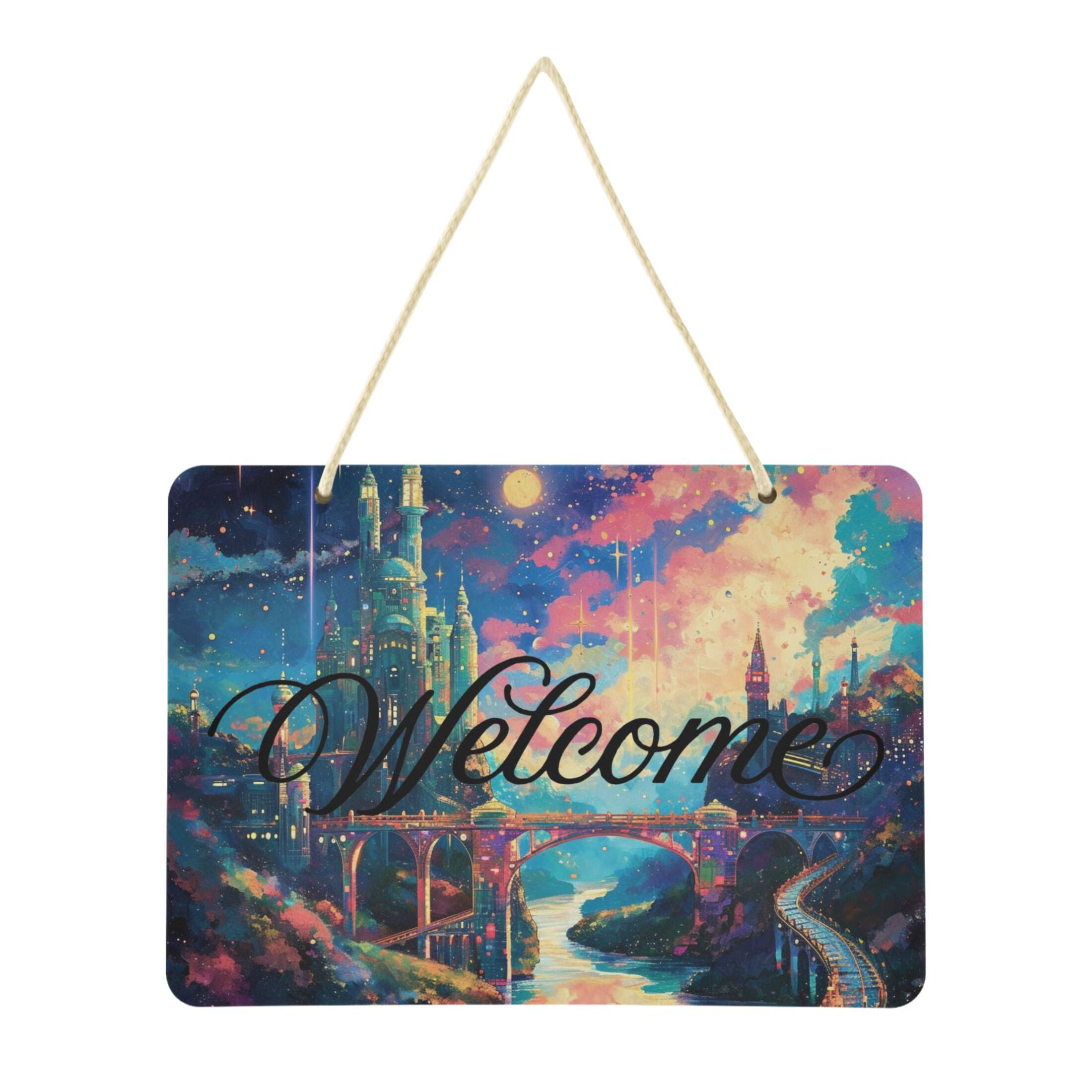 Castle Bridge Starry Sky Welcome Sign Front Door PVC 14x10 inch Hanger ...