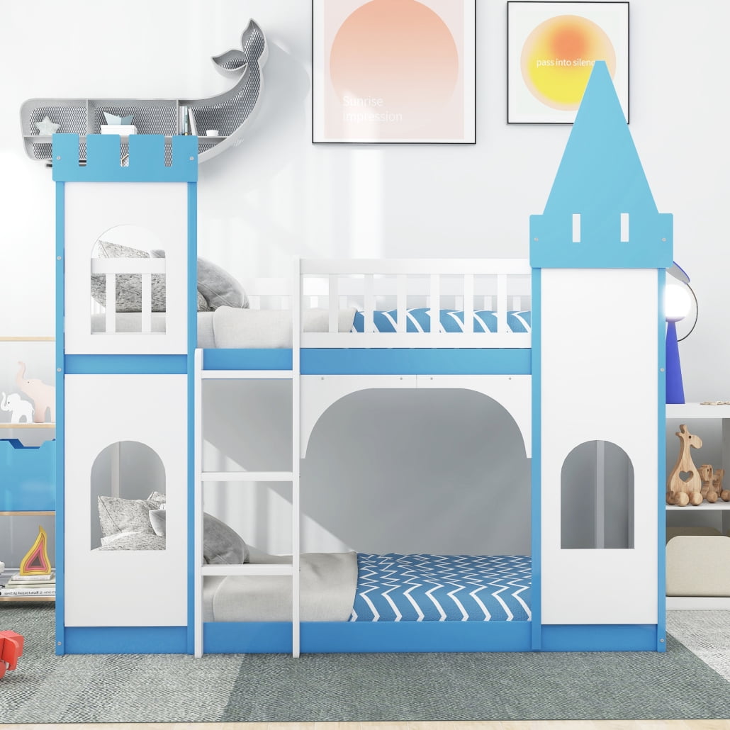 Castle Bunk Bed, Twin Over Twin Solid Wood Bed with Ladder, Window and ...